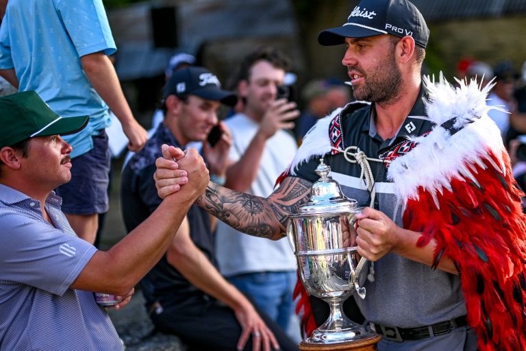Ryan Peake pictured with the winner’s trophy at the New Zealand Open ...